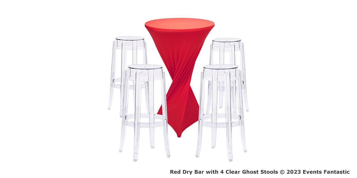 Red Dry Bar with 4 Clear Ghost Stools Package For Hire ⋆ Events ...